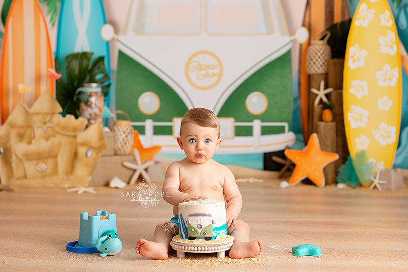 Boys Summer Beach Backdrop for Photography with Van and Ocean Scene