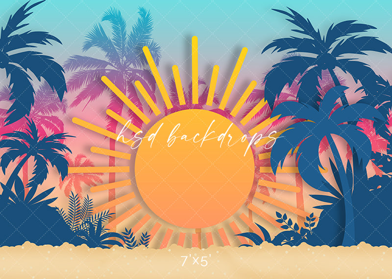 Tropical Sunset Beach Photo Backdrop with Palm Trees for Summer