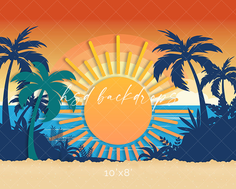 Retro Sunset Beach Photo Backdrop with Palm Trees for Summer