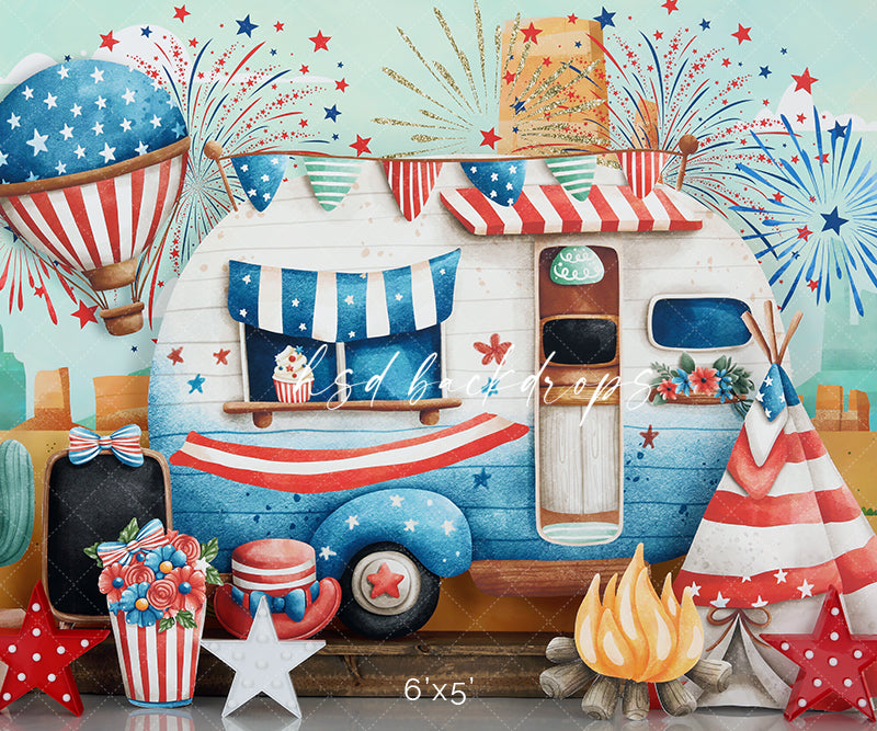 4th of July Photo Backdrop with Fireworks and Camper Patriotic Summer ...