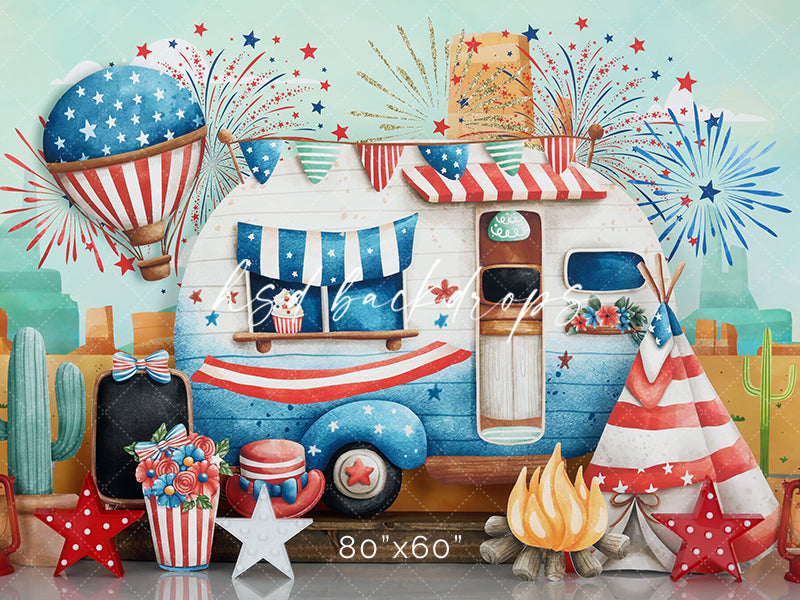 4th of July Photo Backdrop with Fireworks and Camper Patriotic Summer
