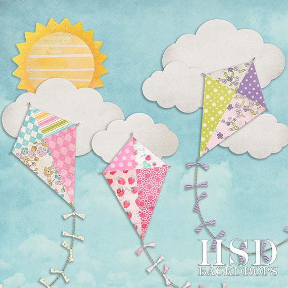 Spring Photography Backdrop Kites Clouds, Photo Background for Girls
