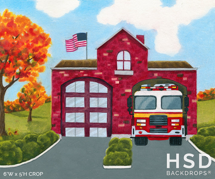 Fire Station Photo Backdrop with Fire Truck for Little Firefighters