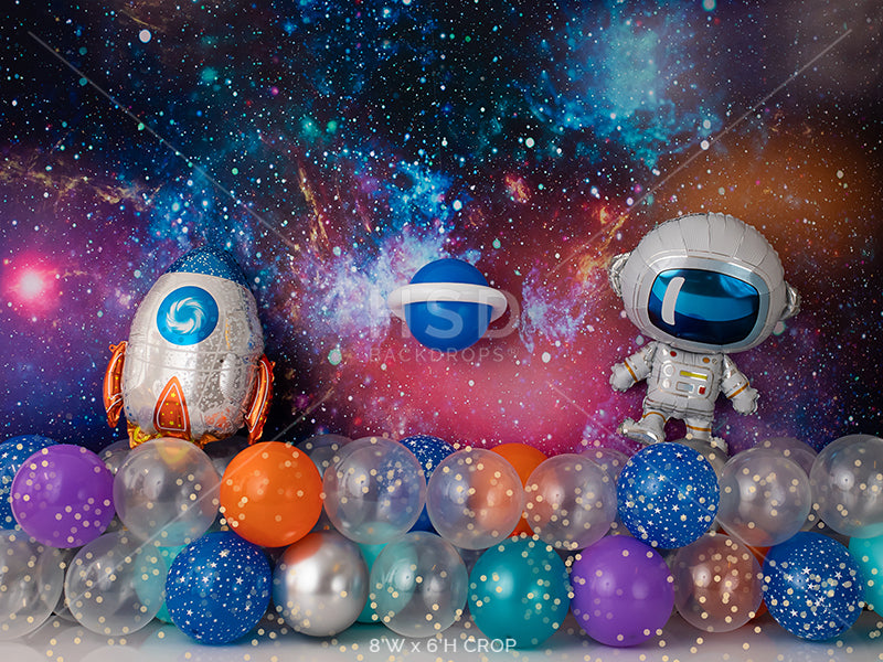 Outer Space Birthday Backdrop for Photos with Spaceship and Astronaut