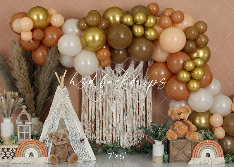 Boho Birthday Backdrop with Balloons and Teddy Bears for Cake Smash