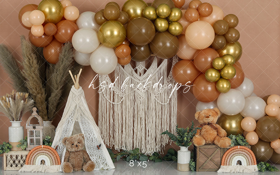 Boho Birthday Backdrop with Balloons and Teddy Bears for Cake Smash